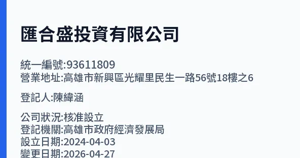 匯合盛投資有限公司的照片-統編 93611809(高雄市) 公司登記資料與營業項目詳細圖表