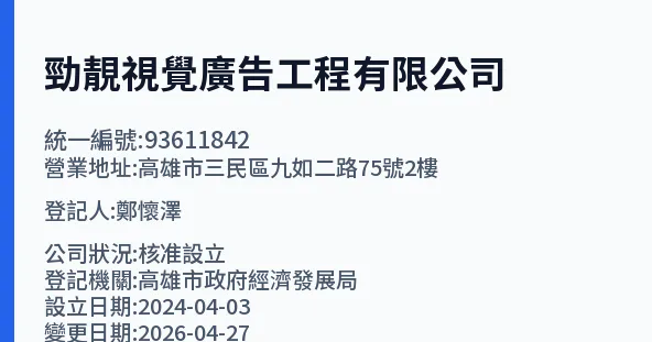 勁靚視覺廣告工程有限公司的照片-統編 93611842(高雄市) 公司登記資料與營業項目詳細圖表