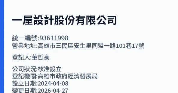 一屋設計股份有限公司的照片-統編 93611998(高雄市) 公司登記資料與營業項目詳細圖表