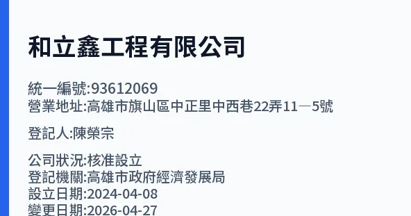 和立鑫工程有限公司的照片-統編 93612069(高雄市) 公司登記資料與營業項目詳細圖表