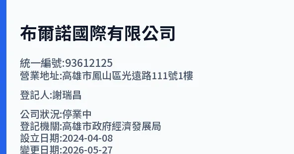 布爾諾國際有限公司的照片-統編 93612125(高雄市) 公司登記資料與營業項目詳細圖表