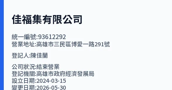 佳福集有限公司的照片-統編 93612292(高雄市) 公司登記資料與營業項目詳細圖表