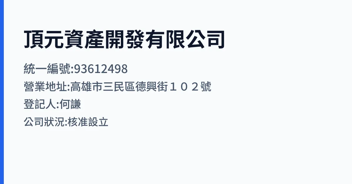 頂元資產開發有限公司 - 統編 93612498(高雄市) 公司登記資料與營業項目詳細圖表