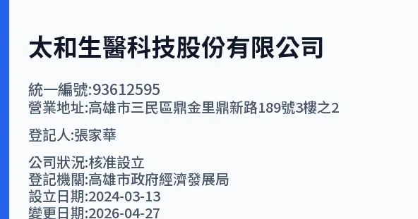 太和生醫科技股份有限公司的照片-統編 93612595(高雄市) 公司登記資料與營業項目詳細圖表
