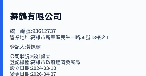舞鶴有限公司的照片-統編 93612737(高雄市) 公司登記資料與營業項目詳細圖表