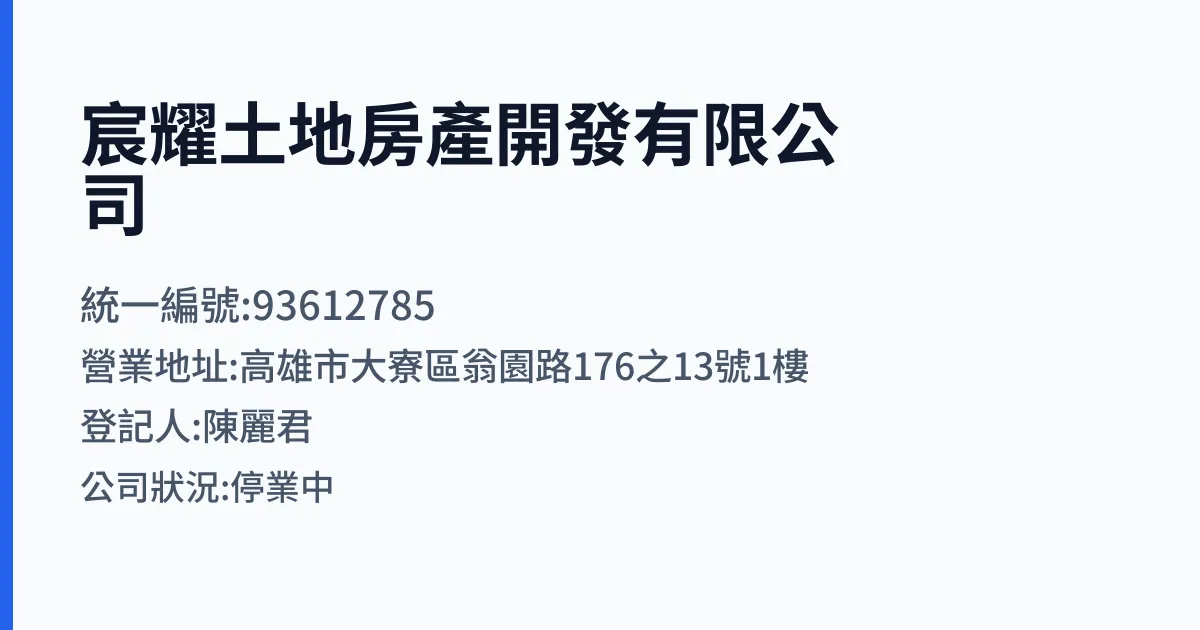 宸耀土地房產開發有限公司 - 統編 93612785(高雄市) 公司登記資料與營業項目詳細圖表