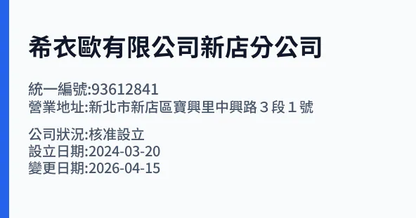 希衣歐有限公司新店分公司的照片-統編 93612841(新北市) 公司登記資料與營業項目詳細圖表