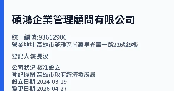 碩鴻企業管理顧問有限公司的照片-統編 93612906(高雄市) 公司登記資料與營業項目詳細圖表
