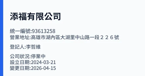 添福有限公司的照片-統編 93613258(高雄市) 公司登記資料與營業項目詳細圖表