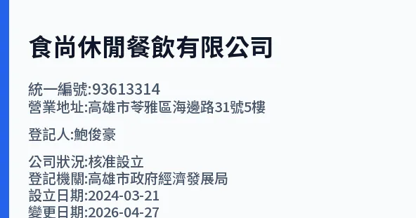 食尚休閒餐飲有限公司的照片-統編 93613314(高雄市) 公司登記資料與營業項目詳細圖表