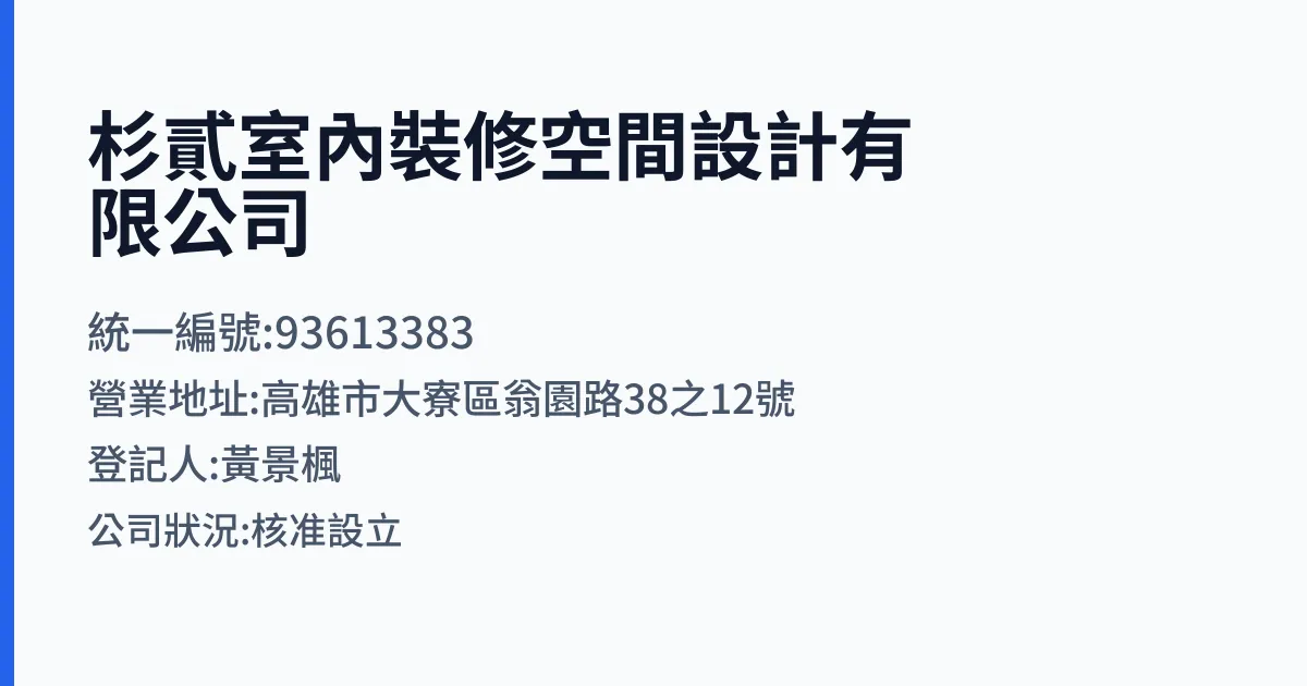 杉貳室內裝修空間設計有限公司 - 統編 93613383(高雄市) 公司登記資料與營業項目詳細圖表