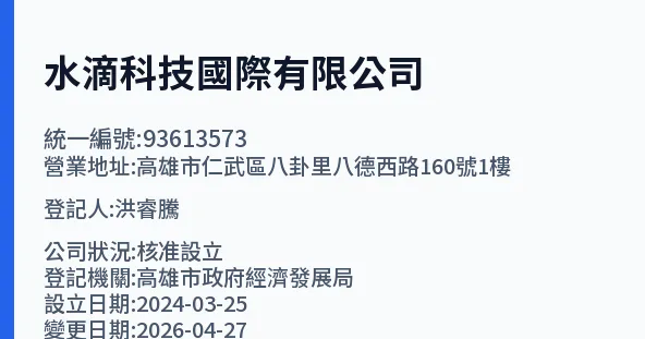 水滴科技國際有限公司的照片-統編 93613573(高雄市) 公司登記資料與營業項目詳細圖表