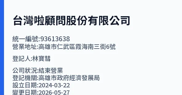 台灣啦顧問股份有限公司的照片-統編 93613638(高雄市) 公司登記資料與營業項目詳細圖表