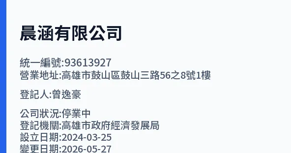 晨涵有限公司的照片-統編 93613927(高雄市) 公司登記資料與營業項目詳細圖表
