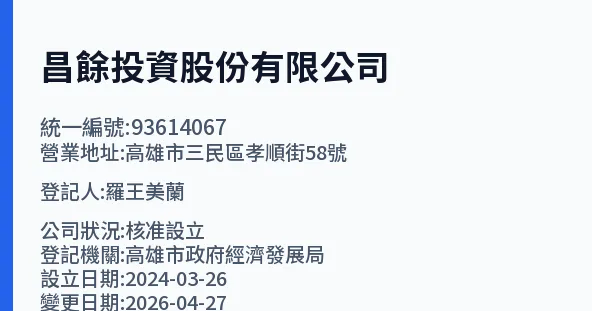 昌餘投資股份有限公司的照片-統編 93614067(高雄市) 公司登記資料與營業項目詳細圖表