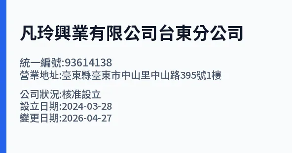 凡玲興業有限公司台東分公司的照片-統編 93614138(臺東縣) 公司登記資料與營業項目詳細圖表