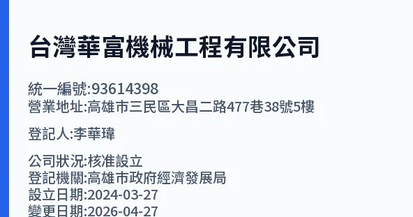 台灣華富機械工程有限公司的照片-統編 93614398(高雄市) 公司登記資料與營業項目詳細圖表