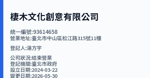棲木文化創意有限公司的照片-統編 93614658(臺北市) 公司登記資料與營業項目詳細圖表