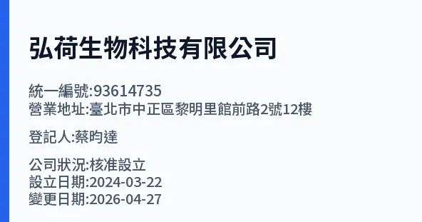 弘荷生物科技有限公司的照片-統編 93614735(臺北市) 公司登記資料與營業項目詳細圖表