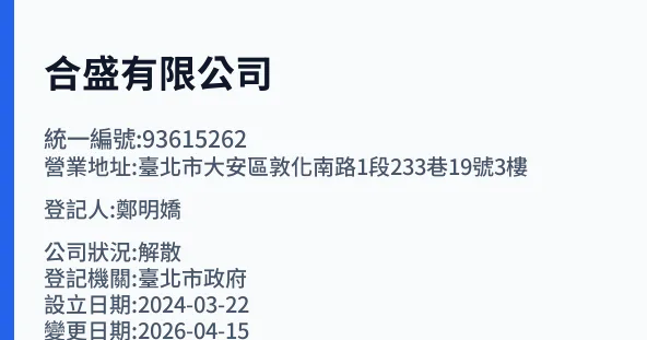 合盛有限公司的照片-統編 93615262(臺北市) 公司登記資料與營業項目詳細圖表