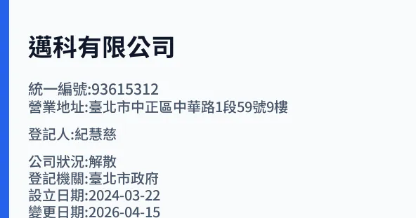 邁科有限公司的照片-統編 93615312(臺北市) 公司登記資料與營業項目詳細圖表