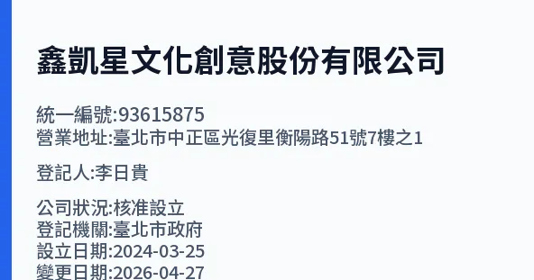 鑫凱星文化創意股份有限公司的照片-統編 93615875(臺北市) 公司登記資料與營業項目詳細圖表