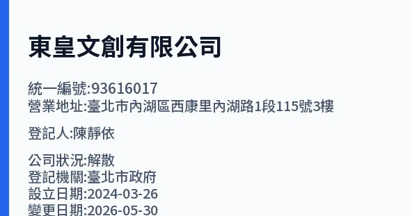 東皇文創有限公司的照片-統編 93616017(臺北市) 公司登記資料與營業項目詳細圖表
