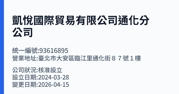 凱悅國際貿易有限公司通化分公司的照片-統編 93616895(臺北市) 公司登記資料與營業項目詳細圖表