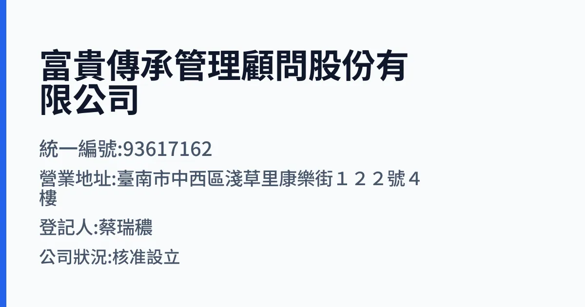 富貴傳承管理顧問股份有限公司 - 統編 93617162(臺南市) 公司登記資料與營業項目詳細圖表