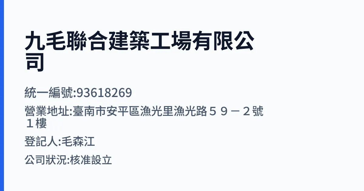 九毛聯合建築工場有限公司 - 統編 93618269(臺南市) 公司登記資料與營業項目詳細圖表