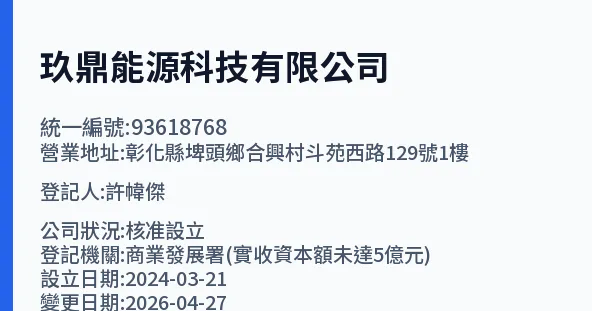 玖鼎能源科技有限公司的照片-統編 93618768(彰化縣) 公司登記資料與營業項目詳細圖表