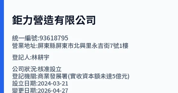 鉅力營造有限公司的照片-統編 93618795(屏東縣) 公司登記資料與營業項目詳細圖表