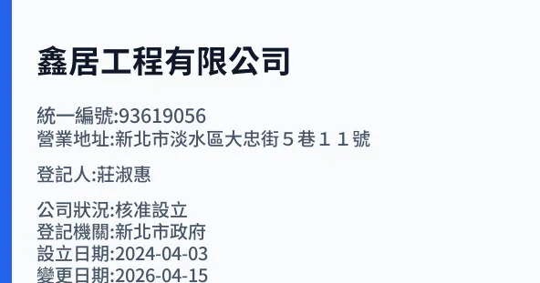 鑫居工程有限公司的照片-統編 93619056(新北市) 公司登記資料與營業項目詳細圖表