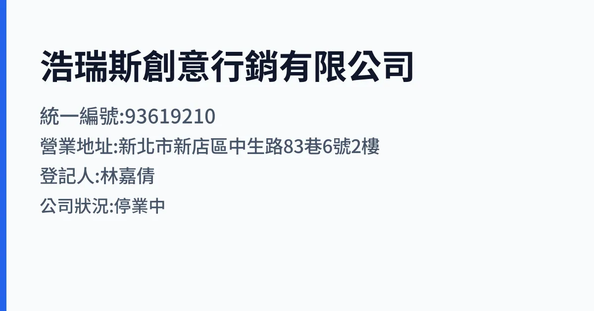 浩瑞斯創意行銷有限公司 - 統編 93619210(新北市) 公司登記資料與營業項目詳細圖表