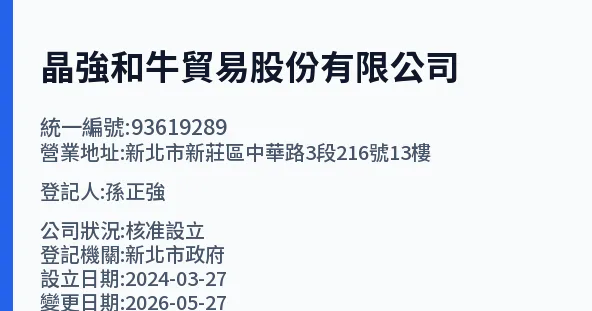 晶強和牛貿易股份有限公司的照片-統編 93619289(新北市) 公司登記資料與營業項目詳細圖表