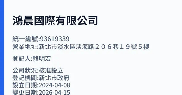 鴻晨國際有限公司的照片-統編 93619339(新北市) 公司登記資料與營業項目詳細圖表