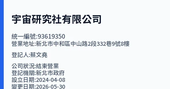 宇宙研究社有限公司的照片-統編 93619350(新北市) 公司登記資料與營業項目詳細圖表