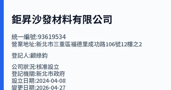 鉅昇沙發材料有限公司的照片-統編 93619534(新北市) 公司登記資料與營業項目詳細圖表