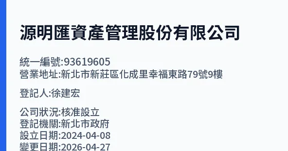 源明匯資產管理股份有限公司的照片-統編 93619605(新北市) 公司登記資料與營業項目詳細圖表
