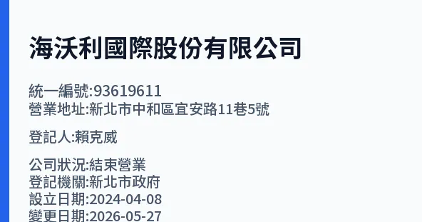 海沃利國際股份有限公司的照片-統編 93619611(新北市) 公司登記資料與營業項目詳細圖表