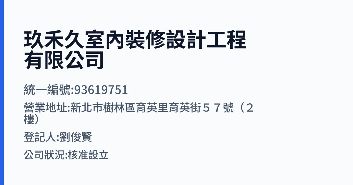 玖禾久室內裝修設計工程有限公司 - 統編 93619751(新北市) 公司登記資料與營業項目詳細圖表