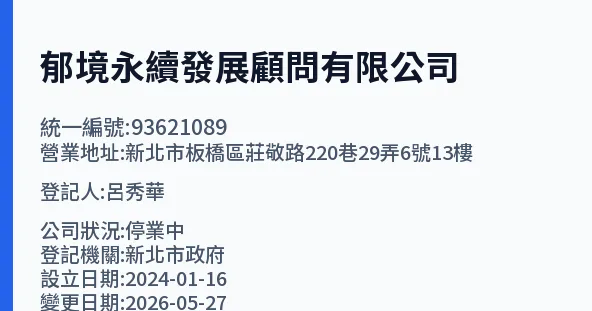 郁境永續發展顧問有限公司的照片-統編 93621089(新北市) 公司登記資料與營業項目詳細圖表