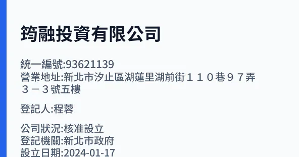 筠融投資有限公司的照片-統編 93621139(新北市) 公司登記資料與營業項目詳細圖表