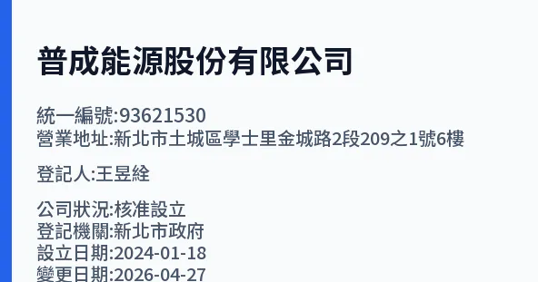 普成能源股份有限公司的照片-統編 93621530(新北市) 公司登記資料與營業項目詳細圖表