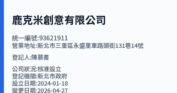鹿克米創意有限公司的照片-統編 93621911(新北市) 公司登記資料與營業項目詳細圖表