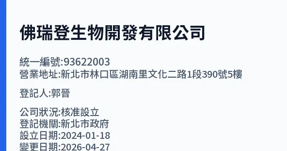 佛瑞登生物開發有限公司的照片-統編 93622003(新北市) 公司登記資料與營業項目詳細圖表
