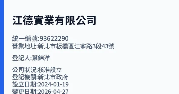 江德實業有限公司的照片-統編 93622290(新北市) 公司登記資料與營業項目詳細圖表