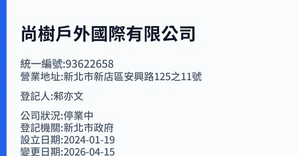 尚樹戶外國際有限公司的照片-統編 93622658(新北市) 公司登記資料與營業項目詳細圖表