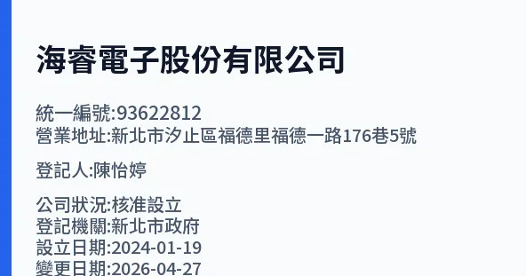 海睿電子股份有限公司的照片-統編 93622812(新北市) 公司登記資料與營業項目詳細圖表