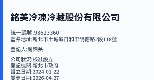 銘美冷凍冷藏股份有限公司的照片-統編 93623360(新北市) 公司登記資料與營業項目詳細圖表